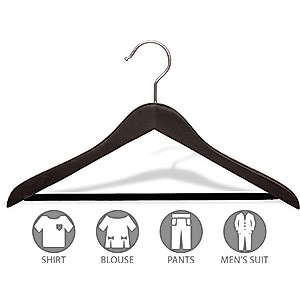 Espresso Finish Wood Suit Hanger with Velvet Flocked Bar in 17" Length X 5/8" Thick with Concave Body and Matte Nickel Hardware, Box of 24