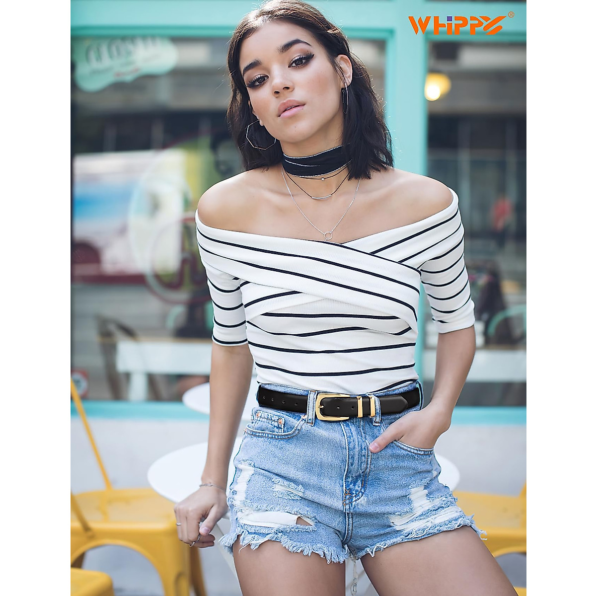 WHIPPY Women's Leather Belts for Jeans Pants Fashion Ladies Belt Gold Buckle Belts for Women, Black, XS