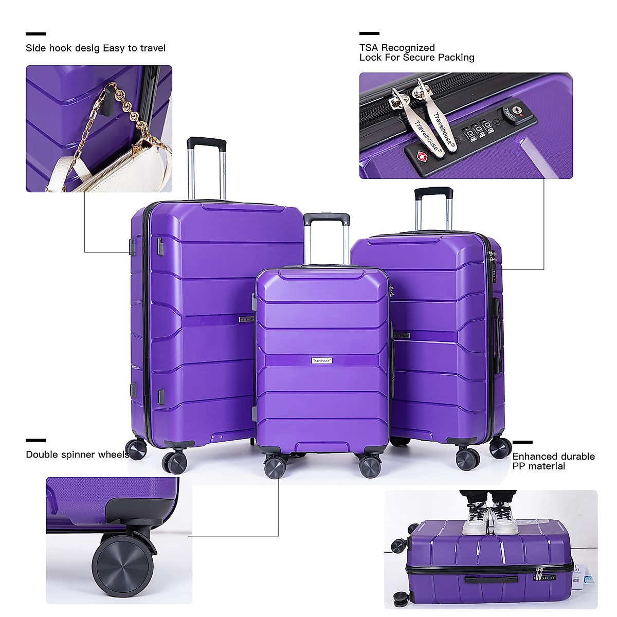 Travelhouse Amalodie Hardshell Upright Spinner Wheel Suitcase Set PP ABS, Lightweight Checked Carry-On Luggage 3-Piece Set with Spinner Wheels TSA Locks 20" 24" 28" (Jet Purple)
