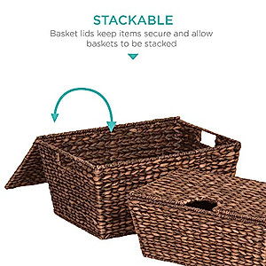 Best Choice Products Set of 2 XL Multipurpose Classic Water Hyacinth Chests Oversized Woven Tapered Storage Basket for Organization, Laundry, Decoration w/Attached Lid, Handle Holes