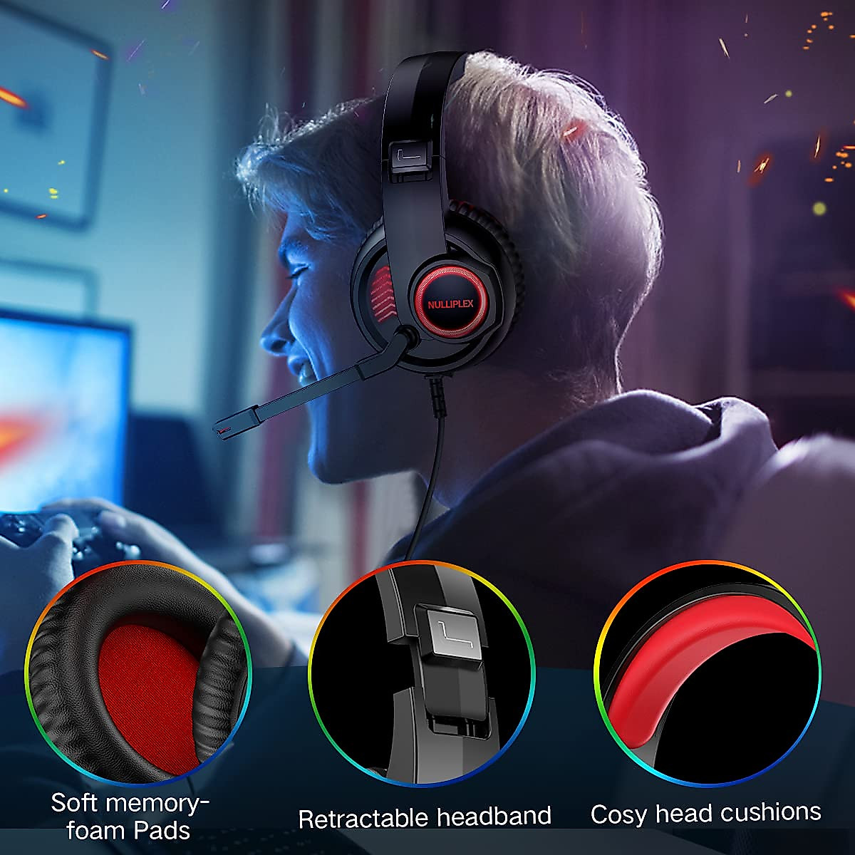 Gaming Headsets for Xbox One PC PS4 PS5 - Computer Over Ear Headphones with Noise Cancelling Mic & Stereo Sound for Nintendo Switch - Red