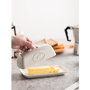 YHOJOY Cow Butter Dish, Ceramic Butter Dish with Lid for Countertop, White Butter Tray with Handle, Farmhouse Covered Butter Holder Container for East West Coast Butter Storage