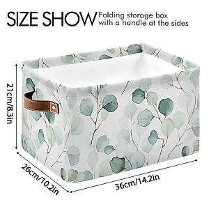 Wamika Leaves Flowers Storage Basket, Green and White Boho Botanical Foldable Storage Bins, 16x12x8 Inches, Durable Canvas Material, Easy to Clean, Collapsible for Space-Saving Storage