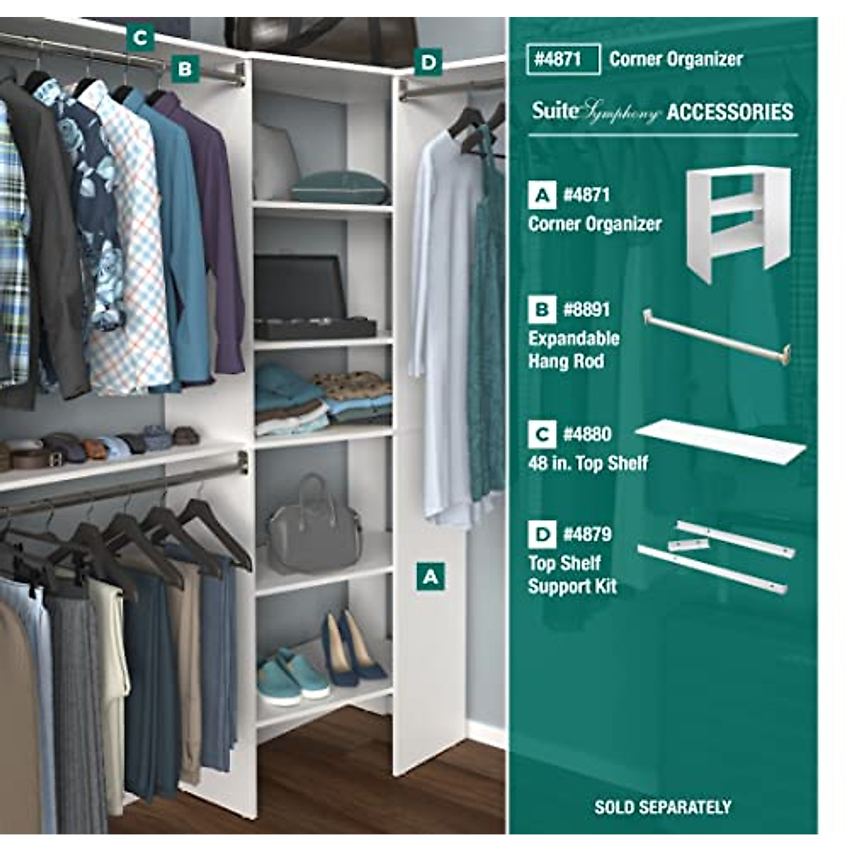 ClosetMaid SuiteSymphony Wood Corner Shelf Unit, 2 Shelves, Adjustable, Stacking, For Storage, Closet, Clothes, Shoes, Décor, Pure White, 41.13" X 19.63" X 31.75" Corner Unit