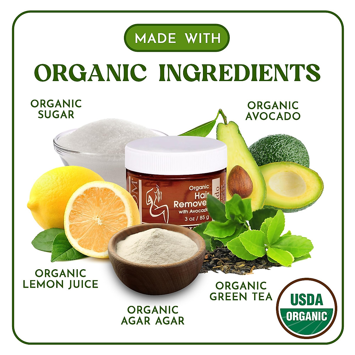 MOOM Organic Lip, Face & Eyebrow Wax Kit - Hair Removal Glaze with Avocado Oil, Agar Agar & Green Tea - Includes 18 Reusable Waxing Strips & 6 Waxing Application Sticks - 3 oz. Wax Jar, 1 Pack