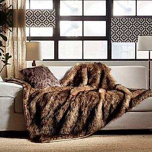 HORIMOTE HOME Luxury Plush Faux Fur Throw Blanket, Long Pile Brown with Black Tipped Blanket, Super Warm, Fuzzy, Elegant, Fluffy Decoration Blanket Scarf for Sofa, Armchair, Couch and Bed, 60''x 80''