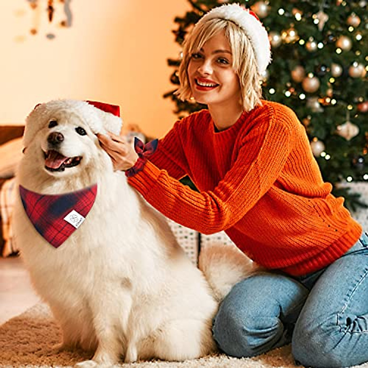 Christmas Dog Bandanas & Matching Scrunchie Set Plaid Dog Bandana Scarf Bibs with Bow Hair Ties for Pet Owner & Medium Large Dogs Red