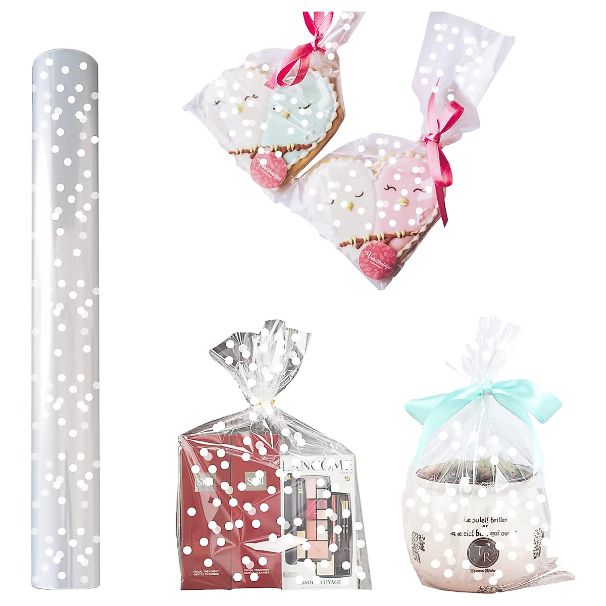 iLovepaper Clear Cellophane Wrap Roll 33'' x 115' Ft, Thick (White Dot) Clear Cellophane Wrapping Paper | Wrap Roll | Cellophane Roll | Cellophane Wrap for Gifts, Baskets, Flowers