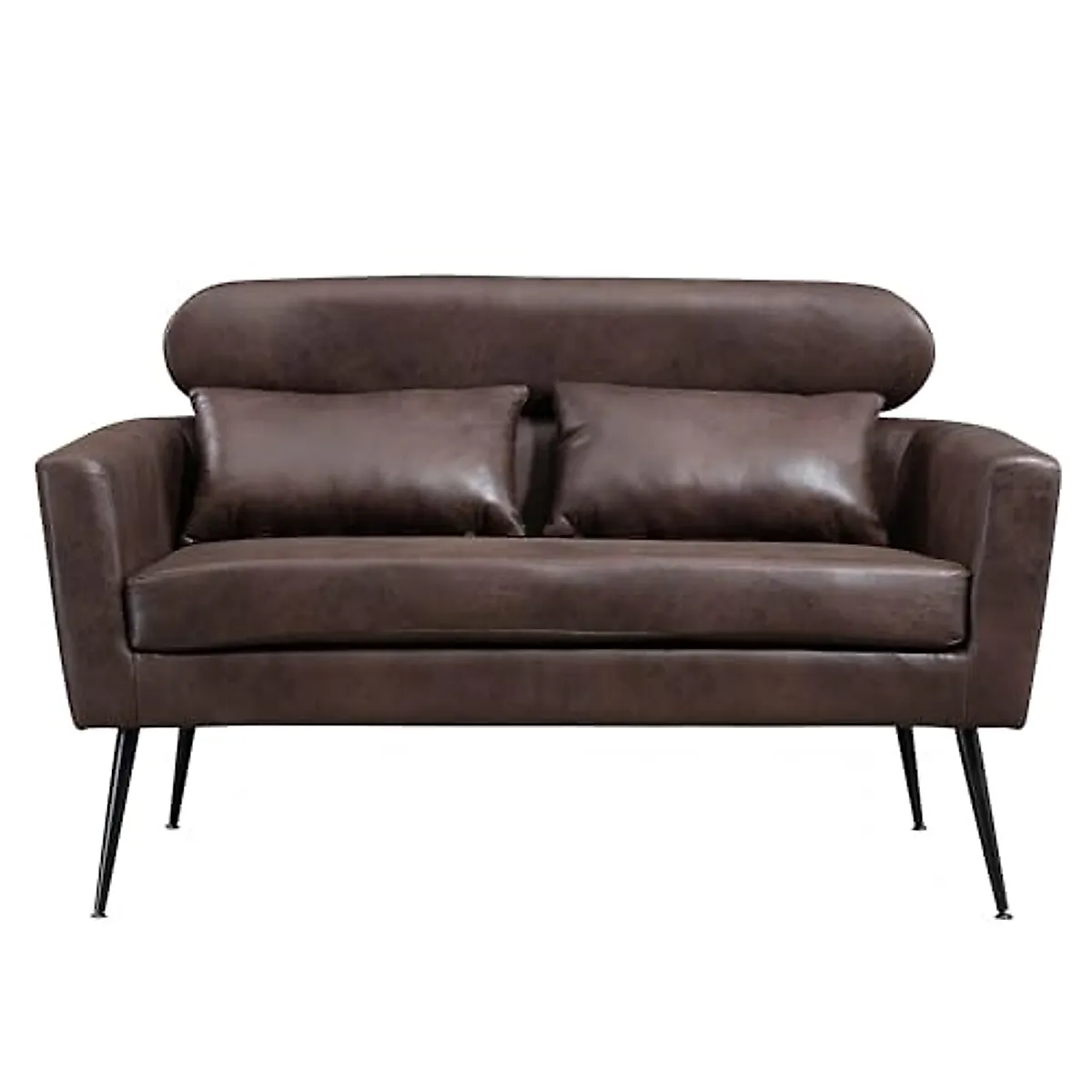 51" Faux Leather Loveseat Sofa with 2 Throw Pillows,Mid-Century Loveseat Faux Leather Sofa Couch for Small Space,Two-Seater Sofa with Metal Legs,Small Mini Room Couch for Office (Dark Brown)