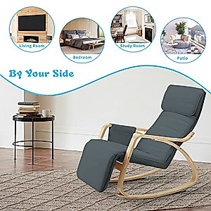 UPHYB Indoor Rocking Chair, Wooden Rocking Chair with Fabric Padded Seat,Wooden Based and Adjustable Footrest, Nursery Rocking Chairs for Living Room, Bedroom,Balcony, Nursery Room (Grayish Green)