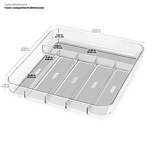 madesmart Antimicrobial Clear Soft Grip Large Silverware Tray, Non-Slip Kitchen Drawer Organizer, 6 Compartments, Multi-Purpose Home Organization, EPA Certified, Light Grey