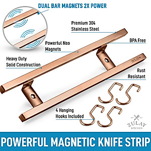 Zulay (12 Inch) Stainless Steel Magnetic Knife Holder For Wall - Powerful Knife Magnetic Strip With Extra Hanging Hooks - Wall Mount Magnetic Knife Strip & Organizer For Kitchen & Tools (Copper)
