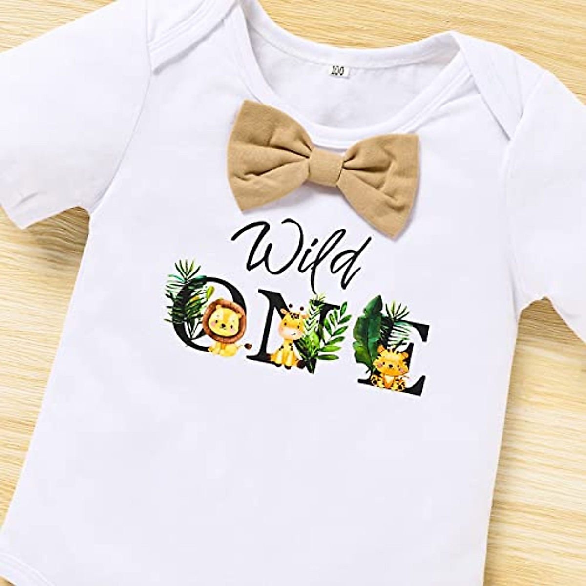 GRNSHTS Baby Boys Wild One 1st Birthday Outfits Bowtie Romper+Y-Back Suspenders+Shorts Pants Cake Smash Photo Shoot Clothes Set (Khaki,12-18 Months)