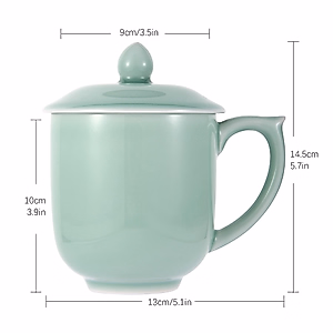GREEN VALLEY Celadon Teacup, Coffee Mug, Milk Cup, Luxury Ancient Chinese Generals Celadon Cup with Lid, Longquan Celadon, World Intangible Cultural Heritage, 15oz, Plum Green
