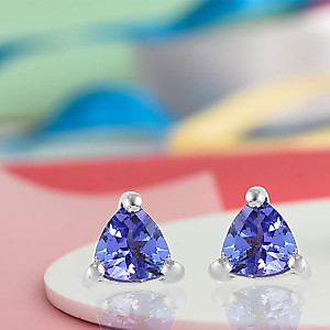 Trillion Blue Tanzanite Gemstone Jewelry Solitaire Stud December Birthstone Earrings 925 Sterling Silver Platinum Plated Birthday Gifts for Women Cttw 1.1