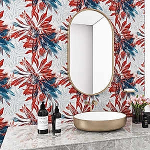 ReWallpaper 17.5in×23ft Floral Wallpaper Red and White Floral Peel and Stick Wallpaper Boho Blue Floral Petals Contact Paper for Cabinets Drawers Walls Blooming Flowers Wallpaper Waterproof Easy Apply