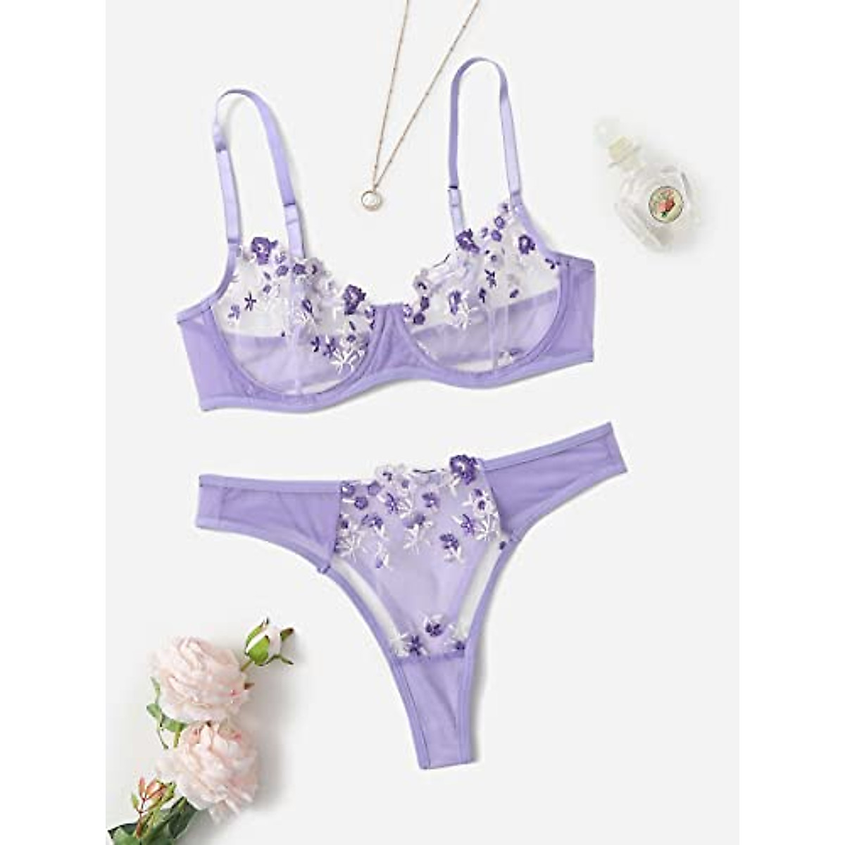 WDIRARA Women's Floral Embroidery Underwire 2 Piece Lingerie Set Mesh Bra and Panty Set Purple M