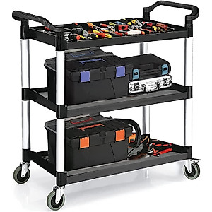 LKFDFIA Utility Carts with Wheels 3-Tier Rolling Cart 500lbs Capacity Plastic Food Cart Heavy Duty Service Cart with Lockable Wheels and Rubber Hammer for Kitchen/Office/Warehouse