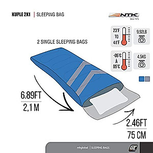 NTK KUPLE Double 2 in 1 Sleeping Bag with 2 Pillows and a Carrying Bag with Compressor Straps for Camping, Backpacking, Hiking. (Blue)