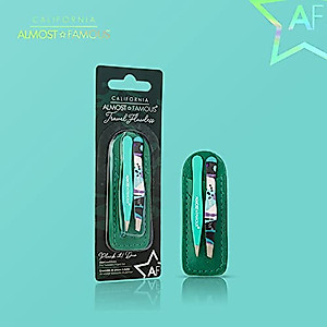 Almost Famous Beauty Eyebrow Tweezers For Women, or Men, Ingrown Facial Hair Removal, Loose Hair Removal Tweezers, With Leather Case, Fulfill Precision, Holiday Gift, Gift - Green (Pack of 2)
