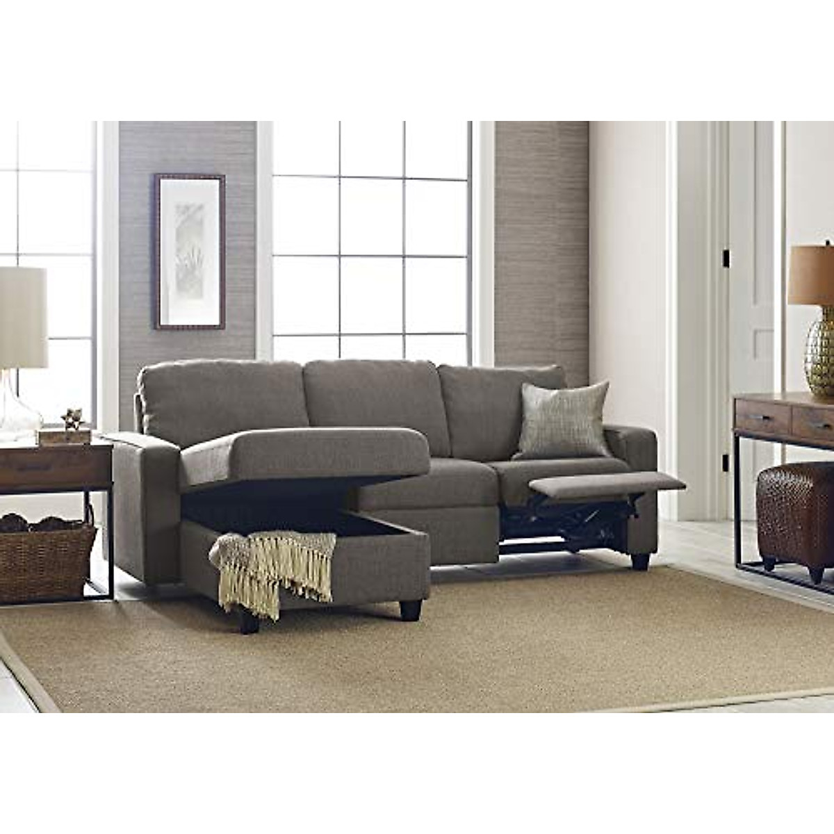 Serta Palisades Reclining Sectional Sofa with Left Storage Chaise, Small Couch with Built-In Storage, Low-Maintenance & Family-Friendly Fabric, Gray
