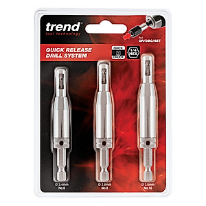Trend Tool Technology USA Trend 3-Piece Quick Release Drill Bit Guide Set, 1/4 Inch Hex Shank, HSS Drill Bits, Hinge & Lock Applications, QR/DBG/Set