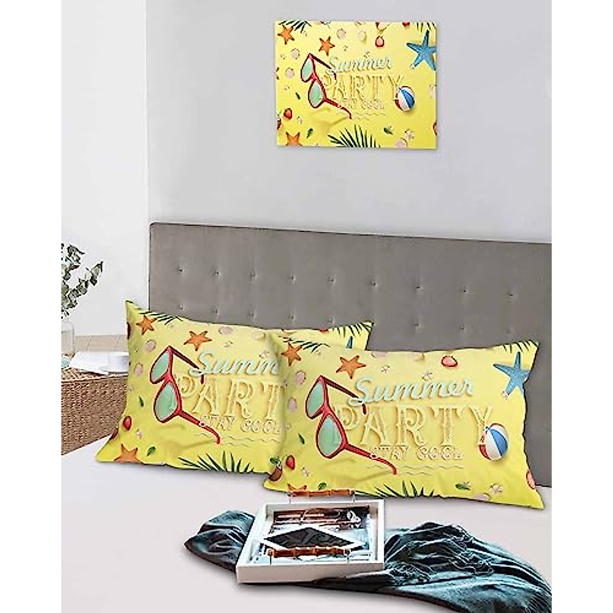 Edwiinsa Summer Beach Party Pillow Covers King Standard Set of 2 20x36 Bed Pillow, Tropical Leaves Starfish Seashells Yellow Plush Soft Comfort for Hair/Skin Cooling Pillowcases with Envelop Closure