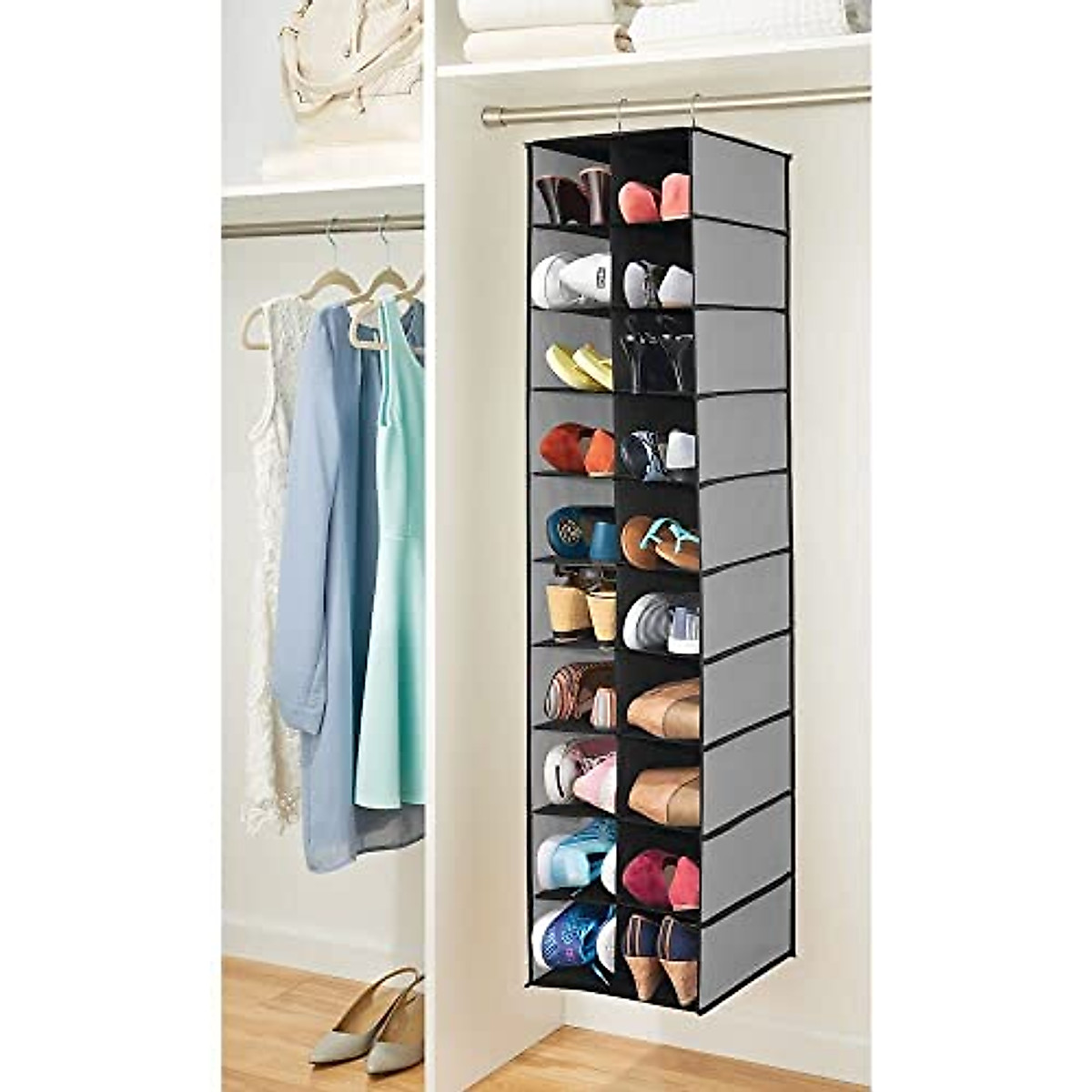 mDesign Soft Fabric Closet Organizer - Holds Shoes, Handbags, Clutches, Accessories - Large, 20 Shelf Over Rod Hanging Storage Unit - Charcoal Gray/Black