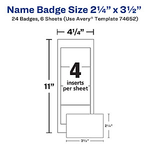 Avery Customizable Name Badges with Pins, 2.25" x 3.5", Clear Name Tag Holders with White Printable Inserts, 24 Pin Style Name Badges (74652)