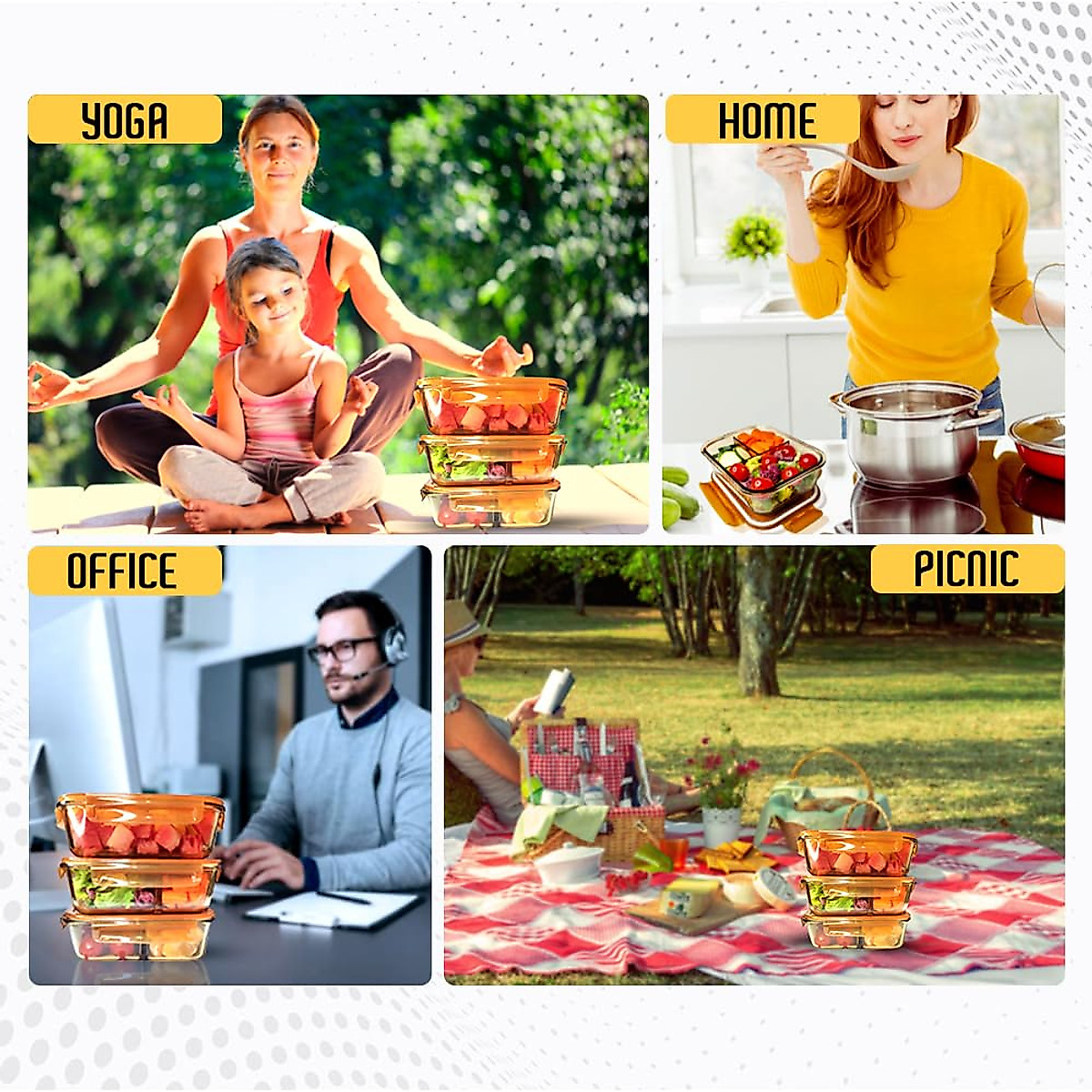 Glass Meal Prep Containers - 1, 2 & 3 Compartment (3 Pack, 36 oz), Reusable Glass Food Storage Containers with Lids, Bento Box Glass for Meal Prep