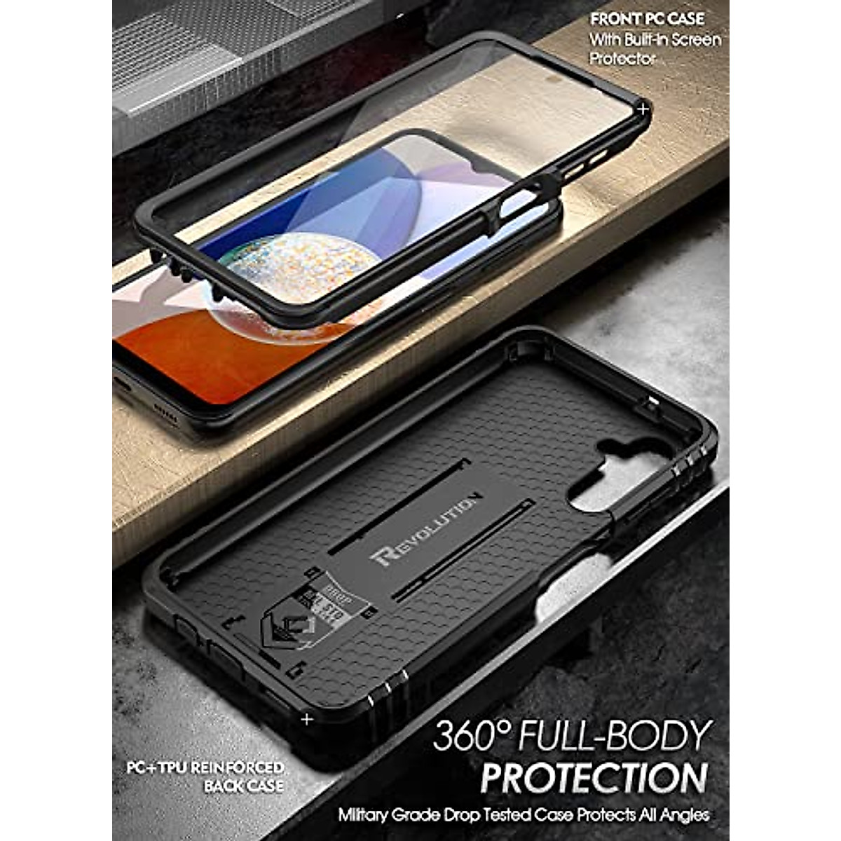 Poetic Revolution Series Case for Samsung Galaxy A14 5G, Full-Body Rugged Dual-Layer Shockproof Protective Cover with Kickstand and Built-in-Screen Protector, Black