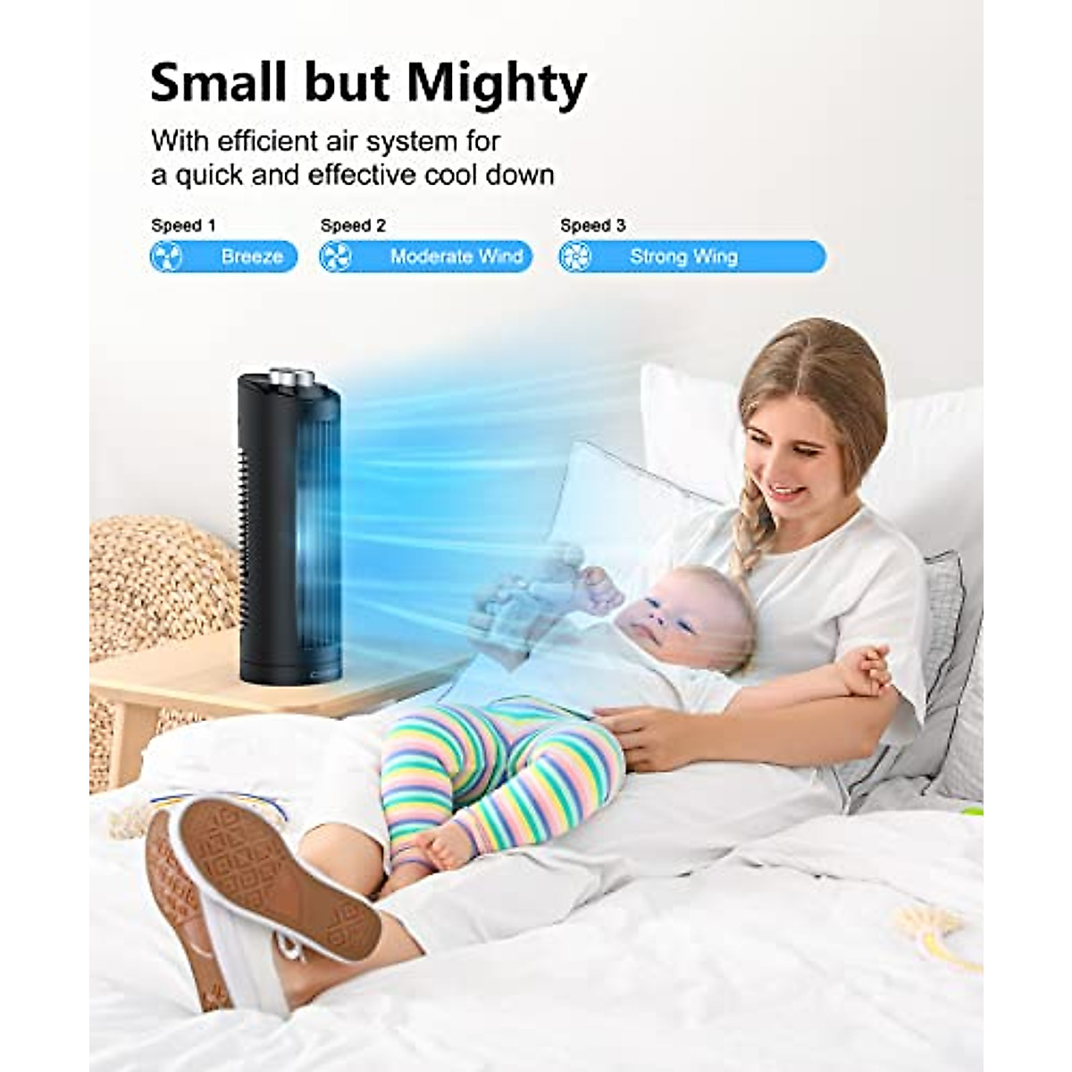 Cofeow Tower Fan, 2023 New Portable Electric Desk Fan, 70°Oscillating, 20ft/s Quiet Cooling, 13 Inch, Standing Table Fan with 3 Modes, Bladeless fan for Bedroom, for Office Desktop Deep Black