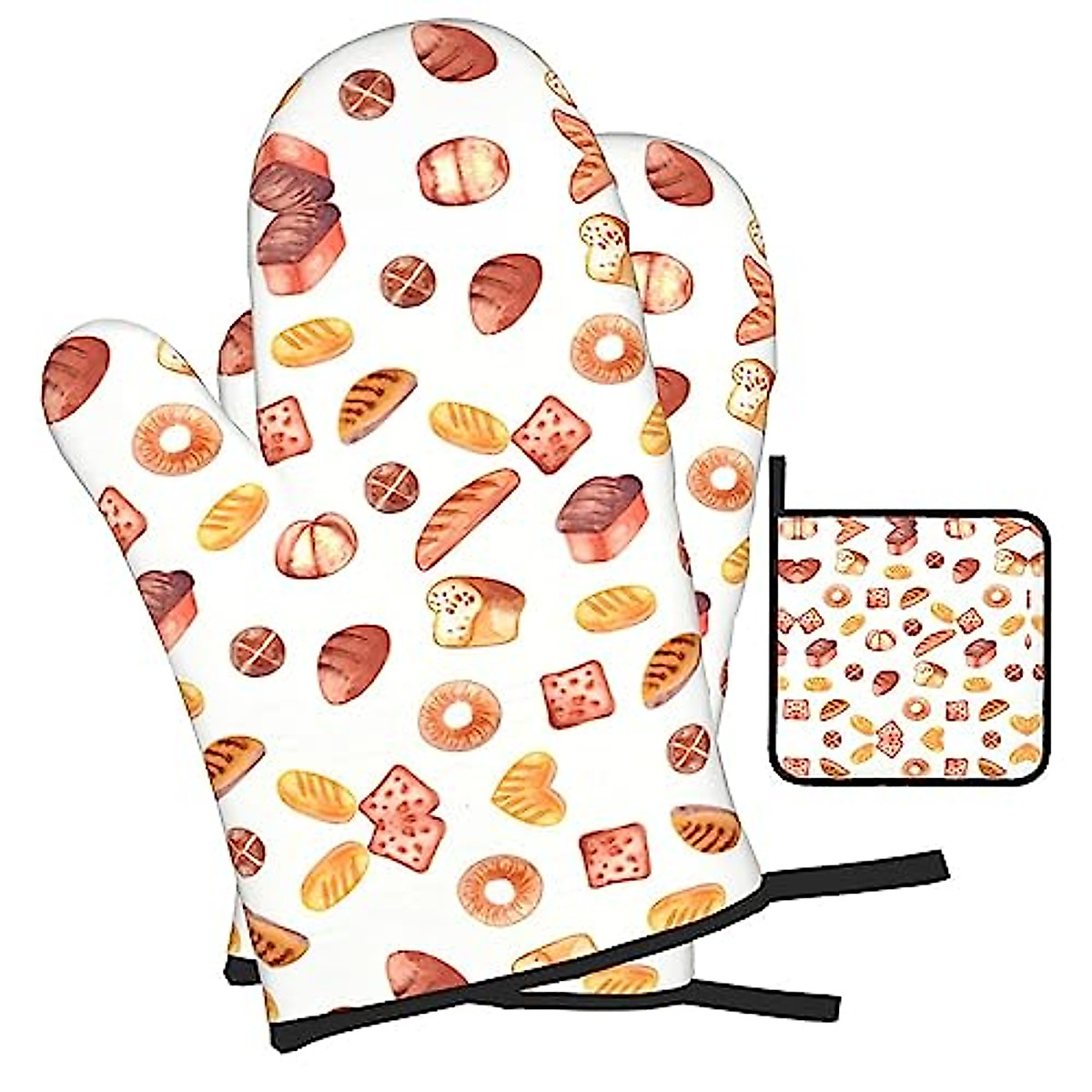 Painted Bread Oven Mitts and Pot Holders Sets 3pcs Heat Resistant Waterproof for Cooking Baking Grilling