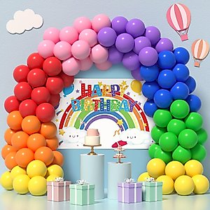 Rainbow Balloons Arch Kit: With Happy Birthday Backdrop 59*40 Inch Assorted Colorful Balloon Garland For Rainbow Birthday Party Decoration