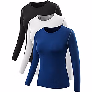 NELEUS Women's 3 Pack Dry Fit Athletic Compression Long Sleeve T Shirt,Black,Blue,White,Medium