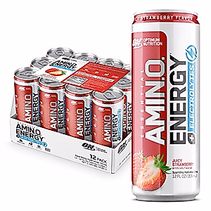Optimum Nutrition Amino Energy Drink + Electrolytes for Hydration - Sugar Free, Amino Acids, BCAA, Keto Friendly, Sparkling Drink - Juicy Strawberry, Pack of 12 (Packaging May Vary)