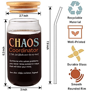 Chaos Coordinator Gifts For Women - 16oz Chaos Coordinator Glass Cup With Lid And Straw - Drinking Glasses Tumbler Gifts For Her - Thank You Gift For Coworker, Teacher, Boss Lady