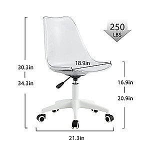Acrylic Clear Desk Chair Rolling Office Chair with Cushion Armless Swivel Vanity Chairs Plastic Adjustable Height Home Office Desk Chairs with Wheels Modern Ghost Chair for Adult,(White)