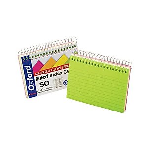 Oxford Spiral Bound Glow Index Cards, 3" x 5", Ruled, Assorted Bright Colors, 50 Cards per Book (40281)