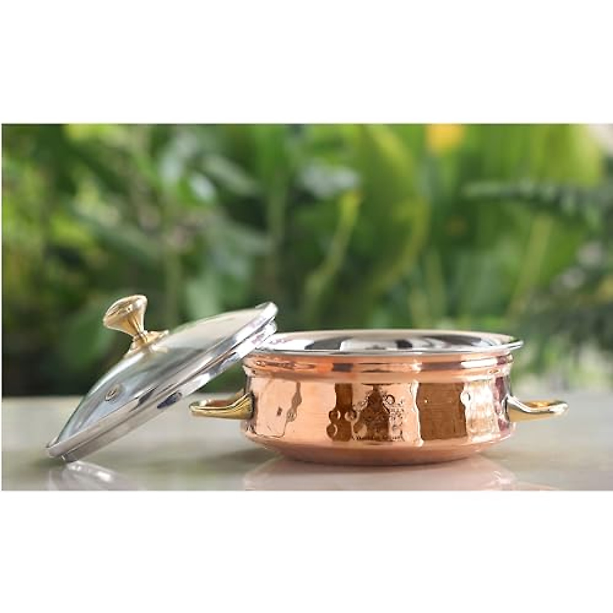 IndianArtVilla Steel Copper Handi Bowl with Brass Handle & Glass Lid, Serving Indian Dishes, 24 OZ