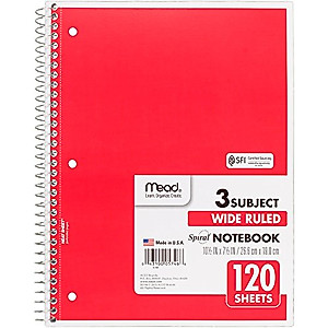 Mead 75698 Spiral Notebook, Wide Ruled, 3 Subject, 120 Sheets, 10.5" x 8", Assorted Colors, 6 Pack