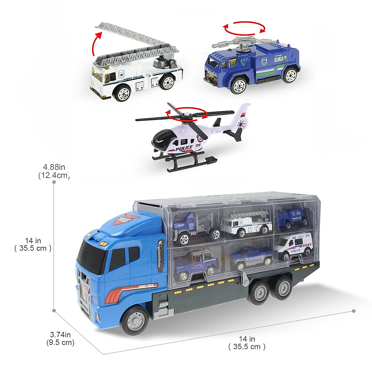 Jenilily Police Car Toy Blue Truck Toy Transporter Mini Vehicles Playsets in Carrier Truck for Kids 3 4 5 6