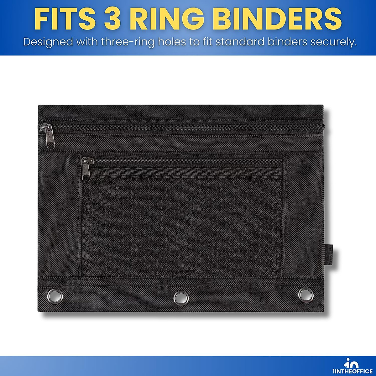 1InTheOffice Black Pencil Pouch, 3 Ring Binder Pencil Bag, Pencil Case with Double Pocket and Mesh Window, 4 Pack (Canvas Black)