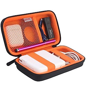BOVKE PU Hard Travel Case for MacBook Air Pro Power Adapter Apple MagSafe 2 USB-C Charger - Extra Room for USB C Hub, Type C Hub, USB C Hub Multiport Adapter, Magic Mouse, Charging Cable, Black
