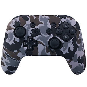 YoRHa Studded Silicone Transfer Print Cover Skin Case ONLY for Nitendo Official Switch Pro Controller x 1(Camouflage Grey) with Pro Thumb Grips x 8