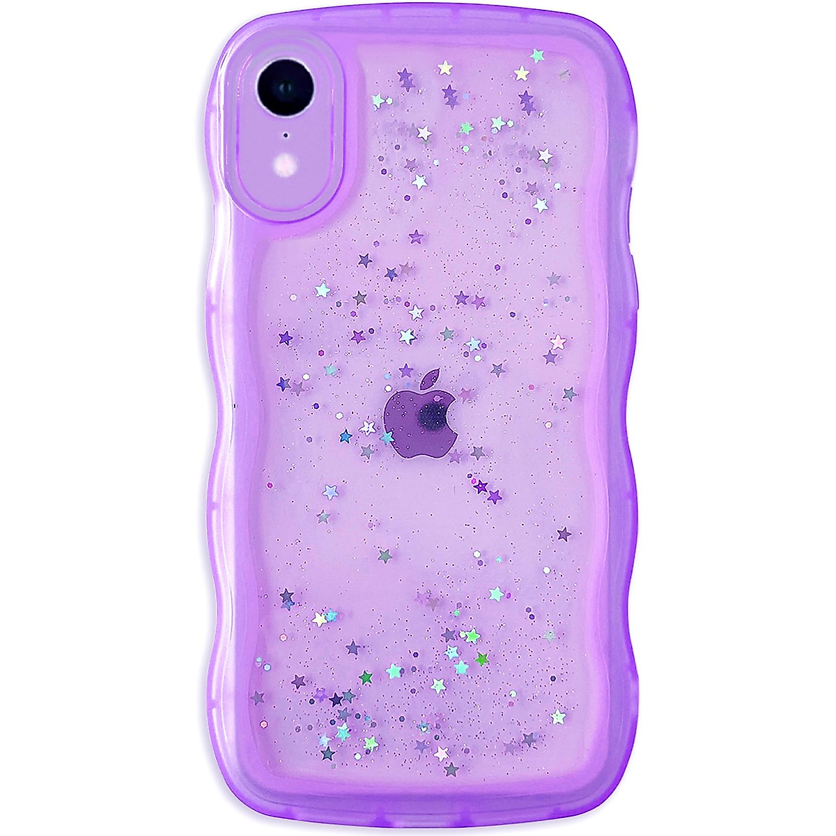 Qokey for iPhone XR Case 6.1 inch Curly Wave Edge Design Transparent Bling Glitter Star Shiny Case Cute Clear Transparent Full Protection Soft TPU Shockproof Phone Cover for Women Girls,Purple