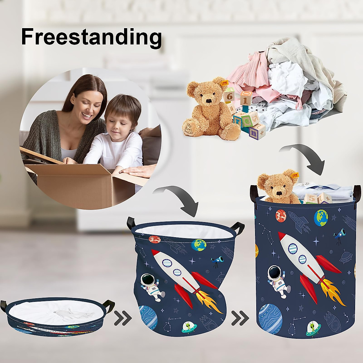 Clastyle 45L Rocket Astronaut Laundry Hamper for Bedroom Waterproof Collapsible Blue Universe Toys Storage Basket with Drawstring, 14.2 * 17.7 in
