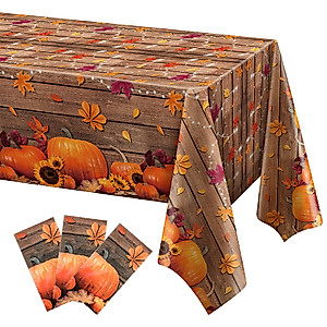 Hosuly 3 Pcs Fall Tablecloth Thanksgiving Pumpkin Plastic Tablecloth Disposable Plastic Cover for Table Rectangle Pumpkin Maple Leaf Table Cover for Autumn Harvest Holiday, 54 x 108 Inch (Cute)