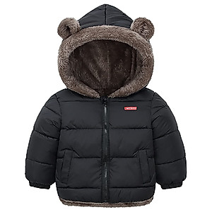 Baby Boys Girls Winter Coat Cute Bear Ear Hooded Jacket Warm Fleece Outerwear Windproof Zipper Infant Toddler Black 12-18M
