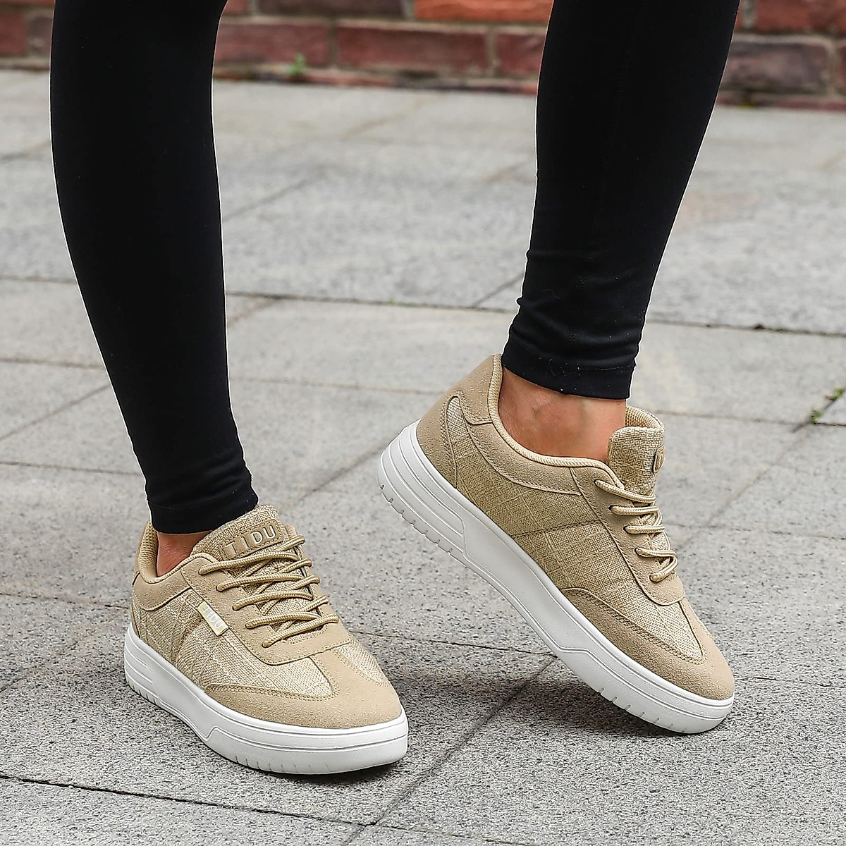 Womens Comfortable Fashion Canvas Sneakers with Arch Support Lace Up Casual Walking Shoes for Plantar Fasciitis Khaki Size 8.5